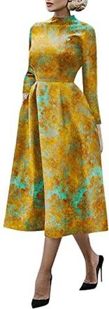 Generic 2026 Robes amincissantes Printemps et &eacute;t&eacute; Femmes Bib Manches Longues Slim Print Dress, jaune, L