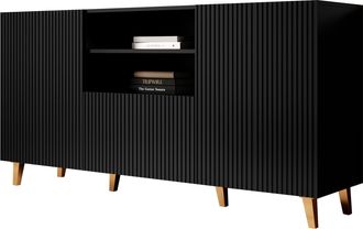 Mirjan24 Kommode Fusbo 150 mit Schublade und 2 Türen, Schubladenkommode, Mehrzweckschrank, Highboard, Sideboard, Wohnzimmer, Esszimmer (Black)