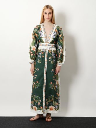 Farm Rio Womens Long Cotton Dress With Floral Print Green