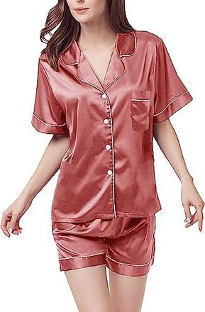 Generic Ensemble de pyjama en satin soyeux &agrave; manches courtes pour femme - V&ecirc;tements de nuit en satin pour femmes - Ensembles de v&ecirc;tements de d&eacute;tente petite et