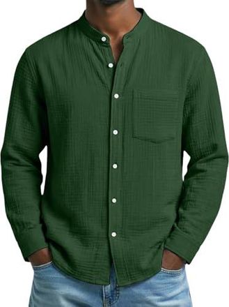 Generic Chemises en lin pour homme col grand-p&egrave;re manches longues col &agrave; bandes chemises en lin avec poche poitrine d&eacute;contract&eacute;e unie intelligente chemise de p