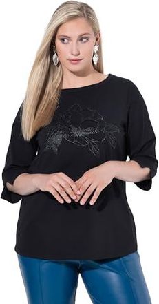 Ulla Popken U-Boot-Ausschnitt Blumendetail T-Shirts, Noir, 54-56 Femmes