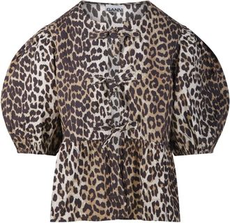 Ganni Femme, Blouses et Chemises, Brun, Taille: 36 FR Blouse P&eacute;plum Imprim&eacute;e en Popeline de Coton