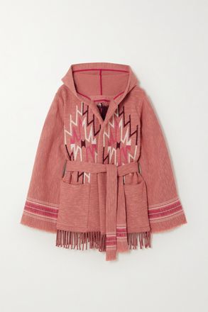 Fortela Felipa Cardigan Aus Jacquard Aus Einer Wollmischung Mit Bindeg&uuml;rtel, Kapuze Und Fransen - Pink