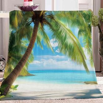 Generic Plaid Couverture Polaire Plage Tropicale Palmiers Bleu Douce Moelleuse Flanelle Lit Jeté Canapé Convient Adultes et Enfants Rester Chaud Hiver, 150x20