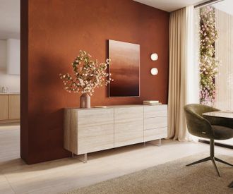 DELIFE Sideboard Cuor 180 cm Keramik Laminam Travertino Bianco Creme-Wei&szlig; 2 T&uuml;ren 3 Schubf&auml;cher Fu&szlig; Schwebeoptik Acrylglas, Sideboards