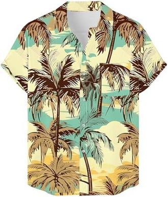 Generic Chemises hawaïennes pour homme - Chemise de plage à imprimé île avec poche - Haut dété surdimensionné à manches courtes - Chemisier boutonné à rayures