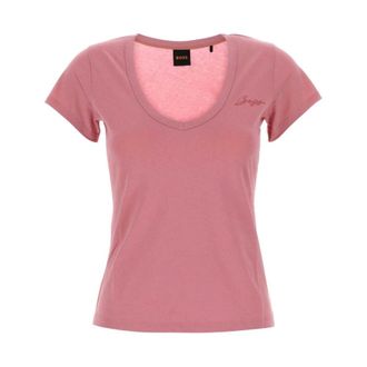 HUGO BOSS Femme, Tops, Rose, Taille: 38 FR T-shirt &agrave; Col en V avec Logo Brod&eacute;