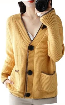 Generic Pull dhiver en tricot &agrave; col en V pour femme - Manches longues - Style d&eacute;contract&eacute;, Jaune, XS