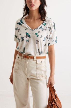 Gerard Darel T-Shirt imprim&eacute; Papillons en lin et coton - ARMELLE - Vert