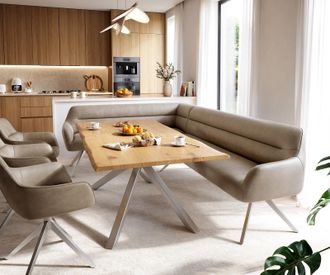 DELIFE Esszimmerbank Taya-Flex 285x190 cm Mikrofaser Beige Vintage Kreuzgestell kantig Edelstahl Taschenfederkern Rechts, Eckb&auml;nke