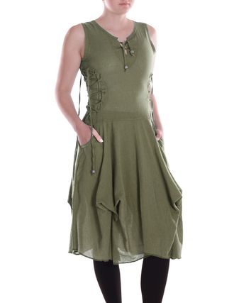vishes Alternative Bekleidung - Damen knielanges Kleid Baumwolle Casual verstellbares Kleid im Lagen-Design mit Taschen Olive 42