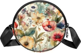 Generic Petit sac &agrave; bandouli&egrave;re circulaire pour femme, motif feuilles florales, sac &agrave; dos avec fermeture &eacute;clair, bretelles r&eacute;glables, sac &agrave; main rond d&eacute;contra