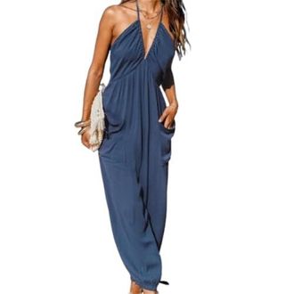 Generic Combinaison plongeante dos nu pour femme, barboteuse de vacances pliss&eacute;e sans manches, combinaison maxi en tricot, avec poche, cache-maillot de plage,