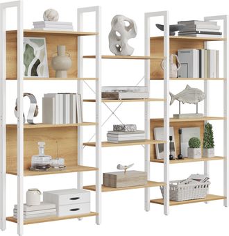 Vasagle B&uuml;cherregal, Standregal mit 14 Ablagen, Regal mit Metallrahmen, f&uuml;r Wohnzimmer, Arbeitszimmer, B&uuml;ro, Industrie-Design, 24 x 158 x 166 cm, goldeichenfa