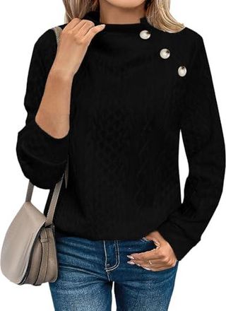 Generic Chandail l&eacute;ger &agrave; boutons pour femme avec motif matelass&eacute; et col roul&eacute; et manches longues textur&eacute;, uni, tendance, Noir, XXL