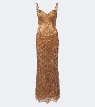 Georges Hobeika Robe longue en satin &agrave; ornements