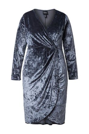 Ulla Popken Minikleid Samt-Midikleid Wickeloptik V-Ausschnitt Langarm