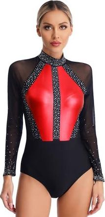 TiaoBug Femme Strass Justaucorps de Gymnastique Danse Classique Ballet Patinage à Manche Longue Col Haut Body Bodysuit Jumpsuit Combinaison Sport Yoga Dancewe