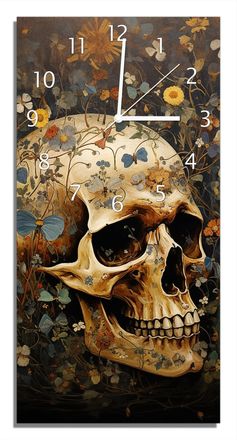 Wallario Design-Wanduhr, Acrylglasuhr Größe 30 x 60 cm, weiße Zeiger, Motiv Vergänglichkeit im Blütenmeer