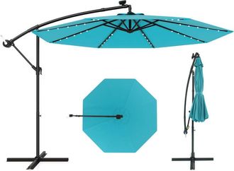 Costway Costway - Parasol D&eacute;port&eacute; Excentr&eacute; 3M Hexagonale, avec 40 led Solaire, Inclinable, 8 Baleines en M&eacute;tal, Base Crois&eacute;e, Parasol &agrave; Manivelle, Turquoise