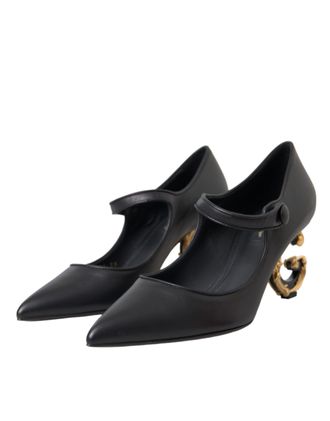 Dolce & Gabbana Womens Black Leather Logo Heels Mary Janes Pumps Shoes Lamb