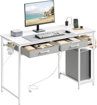 Woltu Bureau Gaming avec 2 Tiroirs et 2 &Eacute;tag&egrave;res, Bureau dOrdinateur avec Prises USB et Type-C, Porte-gobelet et Crochet, 120x51x75 cm, Blanc