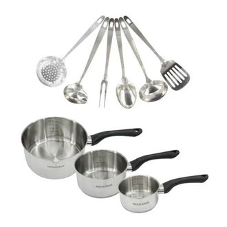 Fackelmann 9446050 Set 3 casseroles 12 16 et 20 cm en inox 18/8 et 6 ustensiles inox, tous feux, induction, sans PFAS, Acier inoxydable 18/8, 12 16 20 cm, Gris P