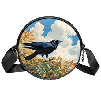 Generic Sac &agrave; bandouli&egrave;re rond pour femme, petit sac &agrave; bandouli&egrave;re avec fermeture &eacute;clair, bretelles r&eacute;glables, style d&eacute;contract&eacute;, motif corbeau