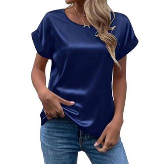 Generic Chemisier en satin de soie pour femme, col rond, manches courtes, tenue d&eacute;contract&eacute;e, haut &agrave; manches courtes, t-shirt &agrave; col rond, Bleu-a, XXL