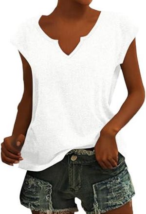 Generic Hauts d&eacute;t&eacute; pour femmes, manches courtes, col en V, t-shirts d&eacute;contract&eacute;s pour sorties, chemisiers fluo, Z02 - Blanc, L