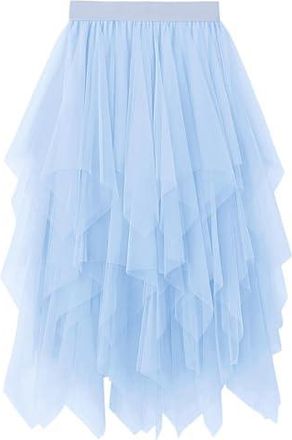 Generic Body m&eacute;tallique pour femme - Taille haute &eacute;lastique - Jupe midi - Jupe superpos&eacute;e irr&eacute;guli&egrave;re en maille - Jupe dHalloween, bleu clair, XL