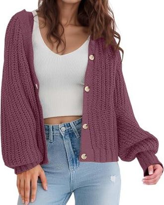 Generic Pull &eacute;pais ouvert sur le devant &agrave; manches longues en tricot boutonn&eacute; pour femme, violet, 3XL