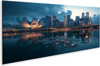 Islandburner Bild auf Leinwand Singapur Skyline und Seerosen bei Nacht Bilder Wandbilder Poster