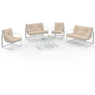 IDMarket Salon de jardin bas NAIROBI 6 places en acier blanc et coussins beiges