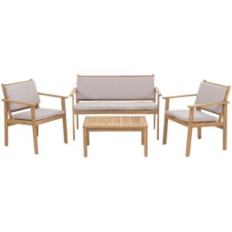 Hhg Garten-Garnitur HHG-946, Lounge-Set Sitzgruppe Bank Sessel Tisch, Holz Akazie MVG Stoff/Textil (180g/m&sup2;) Kissen grau