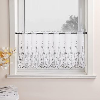 Joyswahl Voile Scheibengardine mit schwarz-wei&szlig;er Blumenstickerei Landhausstil Kurzstores mit Lochleiste modische Bistrogardine, BxH 90x45cm Grau 1er Pack