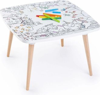Sweeek Table enfant à colorier - Coloritable Les drôles de bouilles. Made in Europe. effaçable. 60x60cm. pieds ronds en bois. feutres fournis La ferme en
