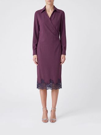 Alberta Ferretti Robe chemise midi en m&eacute;lange de laine avec empi&egrave;cements en dentelle
