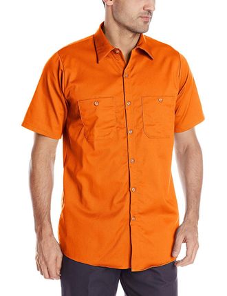 Red Kap Herren Kurzärmeliges Arbeitshemd aus Knitterfreier Baumwolle Hemd, Orange/Abendrot im Zickzackmuster (Sunset Chevron), XL