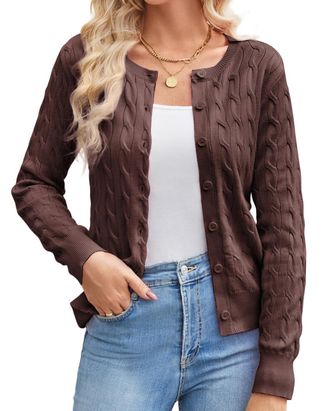 Grace Karin Elegant Damen Kurze Cardigan Leichte Casual Bolerojacke Strick Langarm Jacke Knopfleiste Cardigan Dunkelbraun XL
