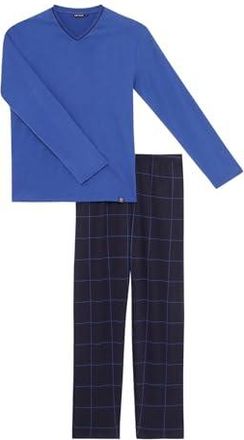 Arthur Pyjama Homme, Ensemble Manches Longues et Pantalon - 100% Coton Bio Chaud et Doux pour lhiver - Motif Uni Carreaux Bleu Electrique - Taille XL