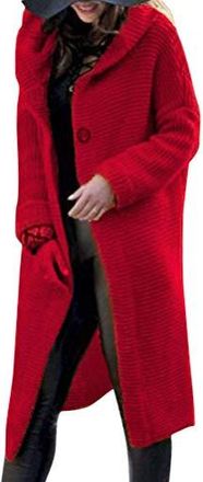 Onsoyours Femme Cardigan Long en Tricot Veste Ouvert Épais Manches Longues Pull Gilet Chaud Casual Capuche Manteau avec Poches Hiver Chandail Outwear A Rouge 36