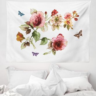 Abakuhaus Blume Wandteppich, Shabby Pflanze Rosen Knospen aus Weiches Mikrofaser Stoff Waschbar ohne Verblassen Digitaldruck, 150 x 110 cm, Weiß Rosa