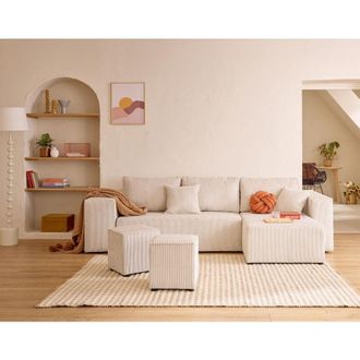 Best Mobilier Topaze - 4-sitzer ecksofa beidseitig montierbar - schlaffunktion und bettkasten, tablet und poufs - aus cordstoff - beige