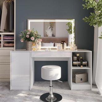 Vicco Schminktisch Sherry, Weiß/Weiß Hochglanz, 158.2 cm mit LED-Spiegel und Hocker