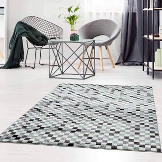 Carpet City Teppich Modern Karo-Look - 120x160 cm Grau Gr&uuml;n Meliert - Kurzflor Teppiche Wohnzimmer
