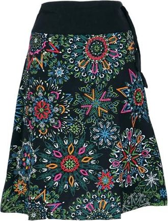 Guru Shop Guru-Boutique, Jupe Brodée au Genou, Boho Chic, Retro Mandala, Olive, Ducoton, Size:S / M (40), Jupes/courts