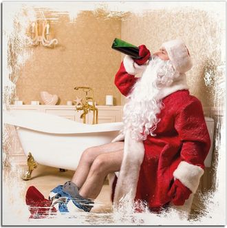 Wallario Wandbild aus Holz Betrunkener Weihnachtsmann mit Weinflasche auf dem Klo - 40 x 40 cm in Premium-Qualität: Brillante Farben