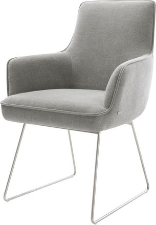DELIFE Polsterstuhl Heira-Flex mit Armlehnen Kufengestell Edelstahl Strukturstoff Soft Grau Taschenfederkern